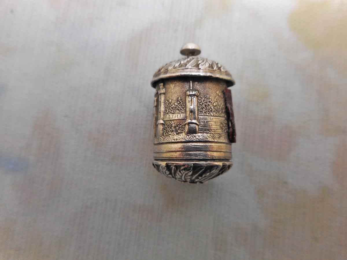 An embossed silver tape measure with a view of Abbotsford. c 1840 ...